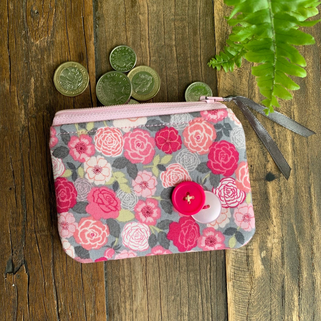Handmade Flower Fabric Coin Purse Floral Zip Money Wallet Pink Roses ...