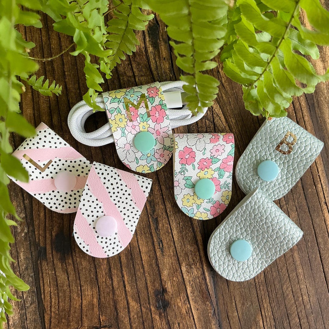 Personalised Floral Cable Tidy Organiser Custom Initial Flower Cable Keeper Faux Leather ...