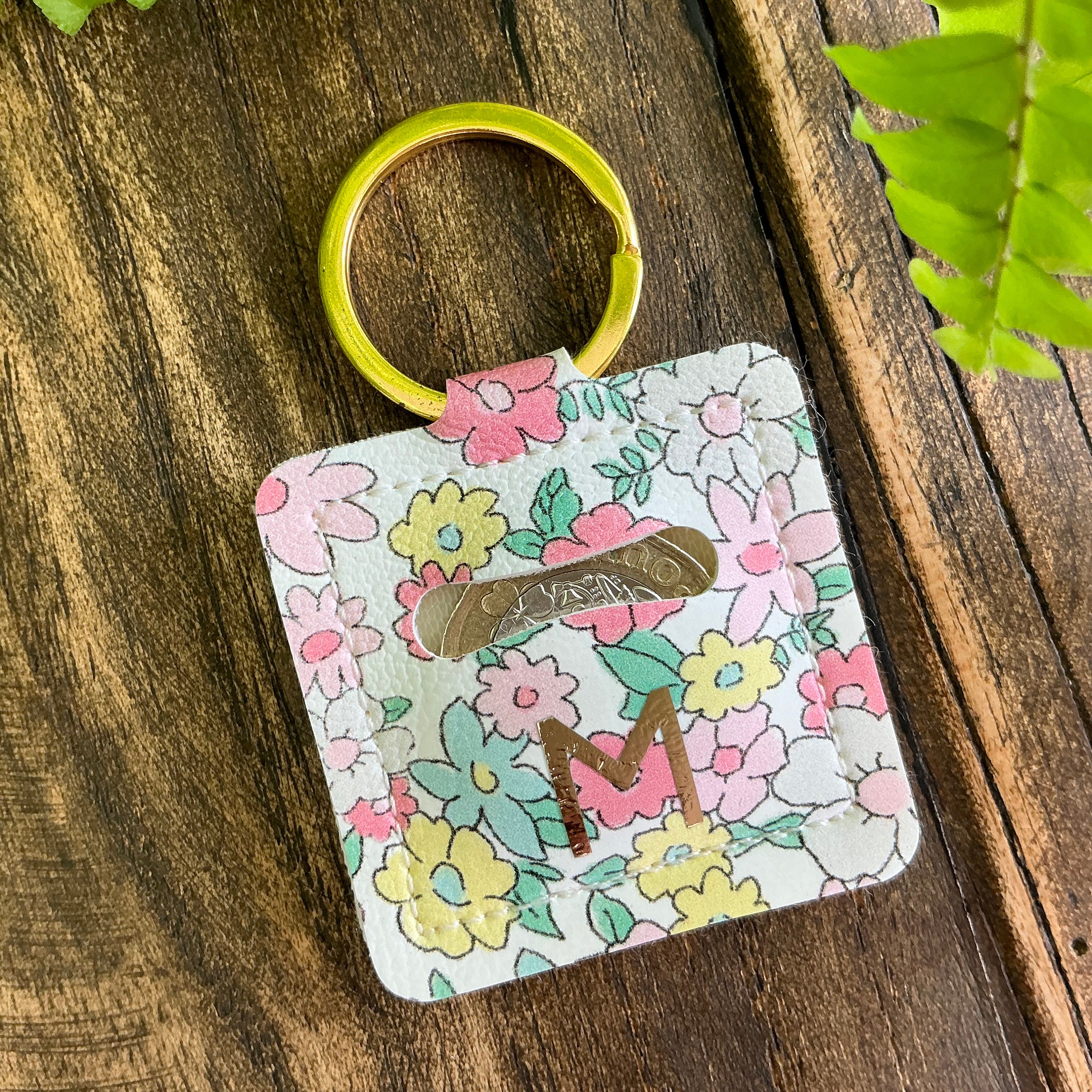Personalised Trolley Coin Holder Any Initial Pink Floral Keyring Custom ...