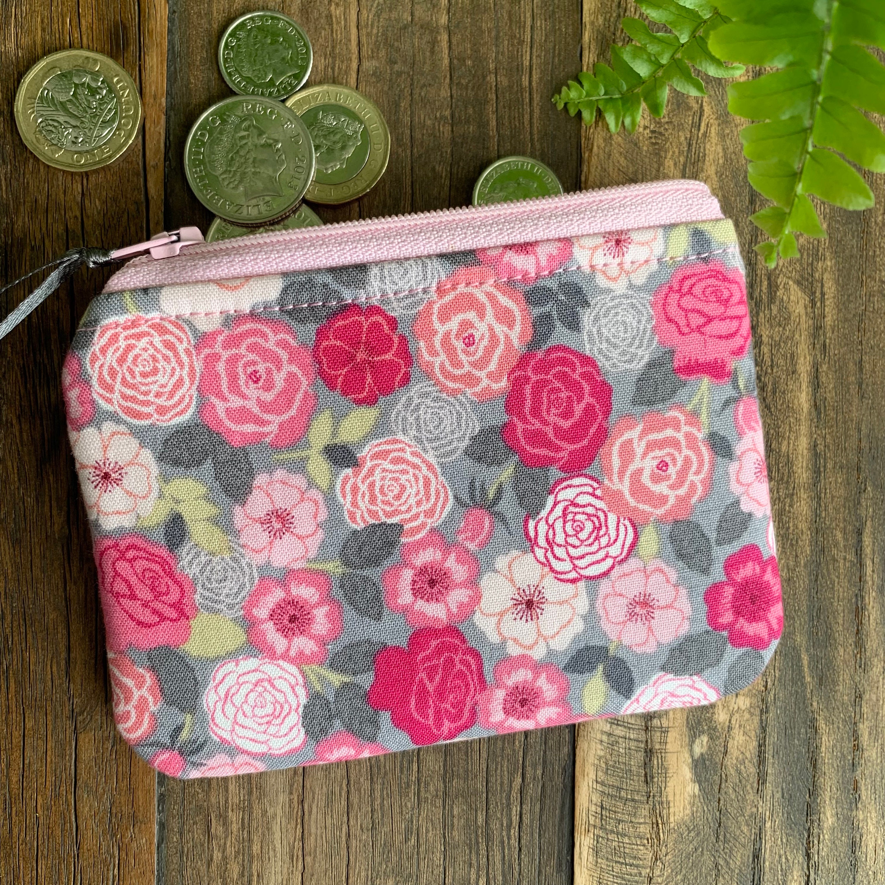 Handmade Flower Fabric Coin Purse Floral Zip Money Wallet Pink Roses ...