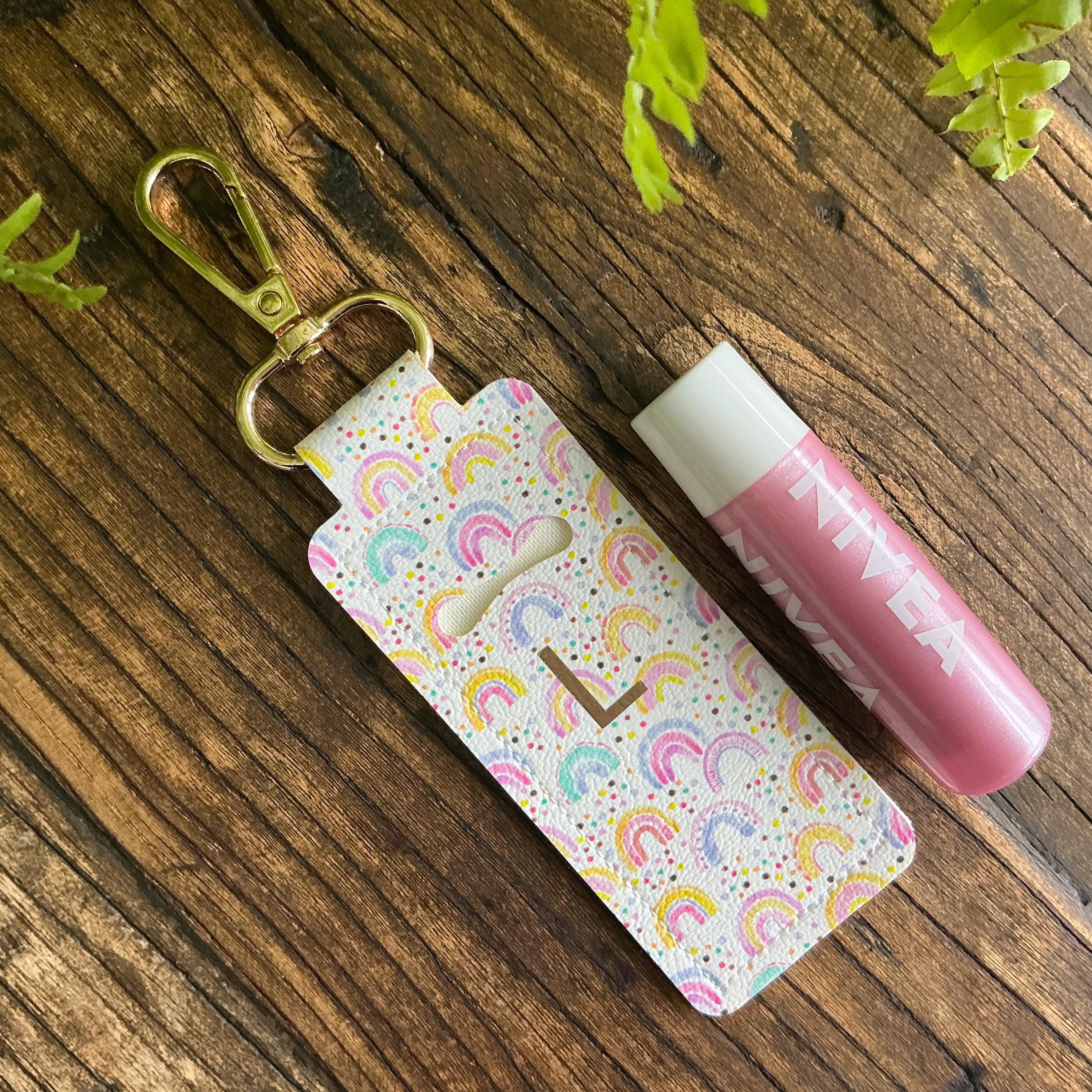 Personalised Lip Balm Holder Gold Initial Rainbow Chapstick Keychain ...