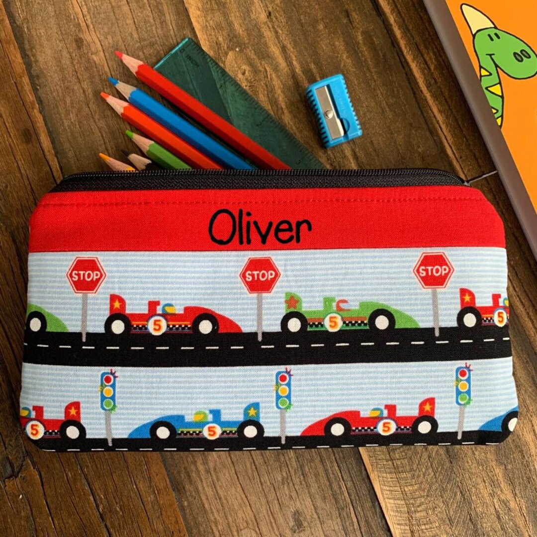 Personalised Racing Car Pencil Case Handmade Back to School Zip Pouch ...