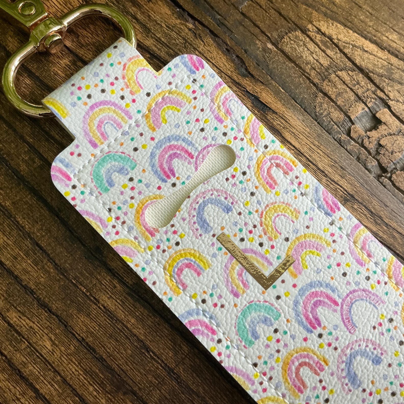 Personalised Lip Balm Holder Gold Initial Rainbow Chapstick Keychain ...