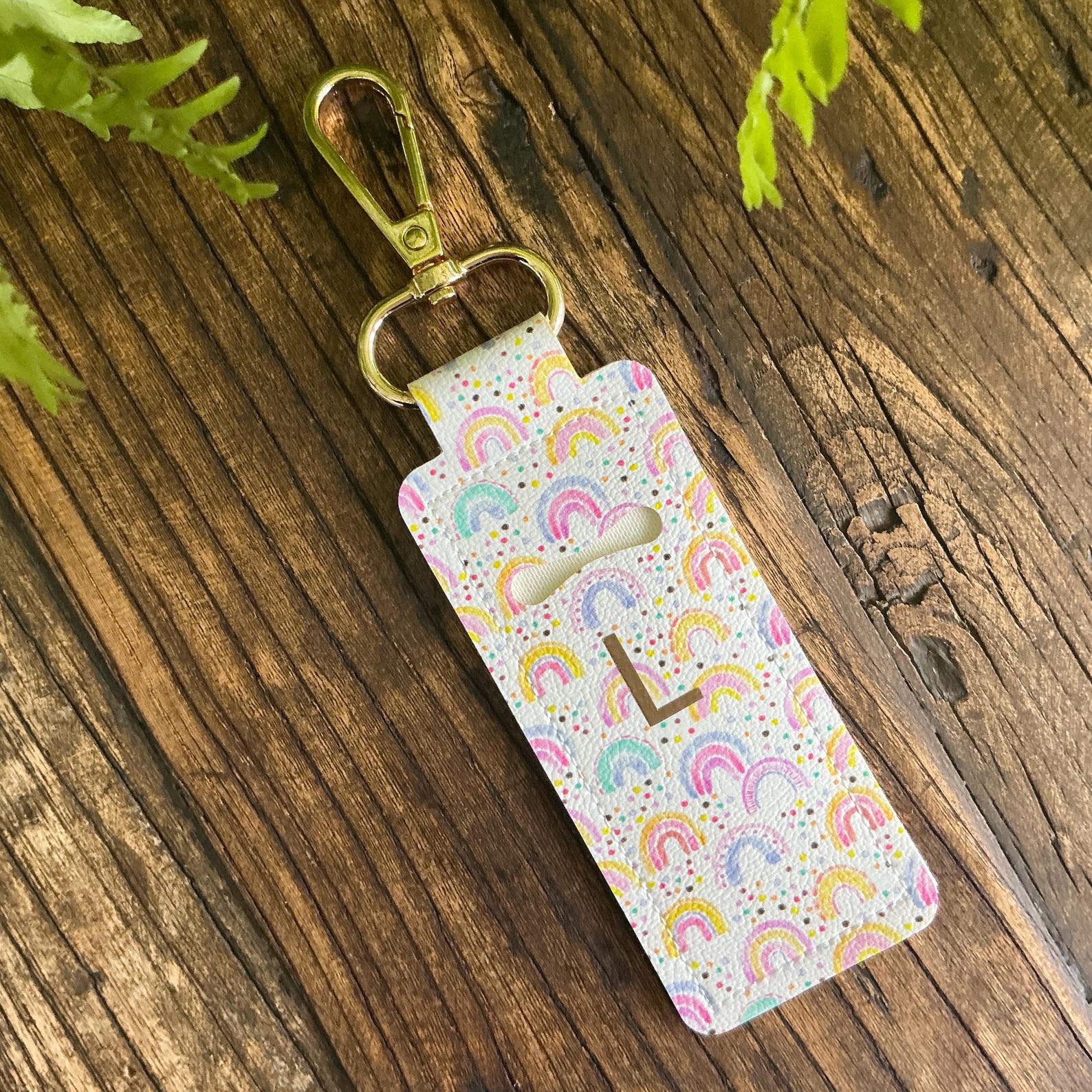 Personalised Lip Balm Holder Gold Initial Rainbow Chapstick Keychain ...