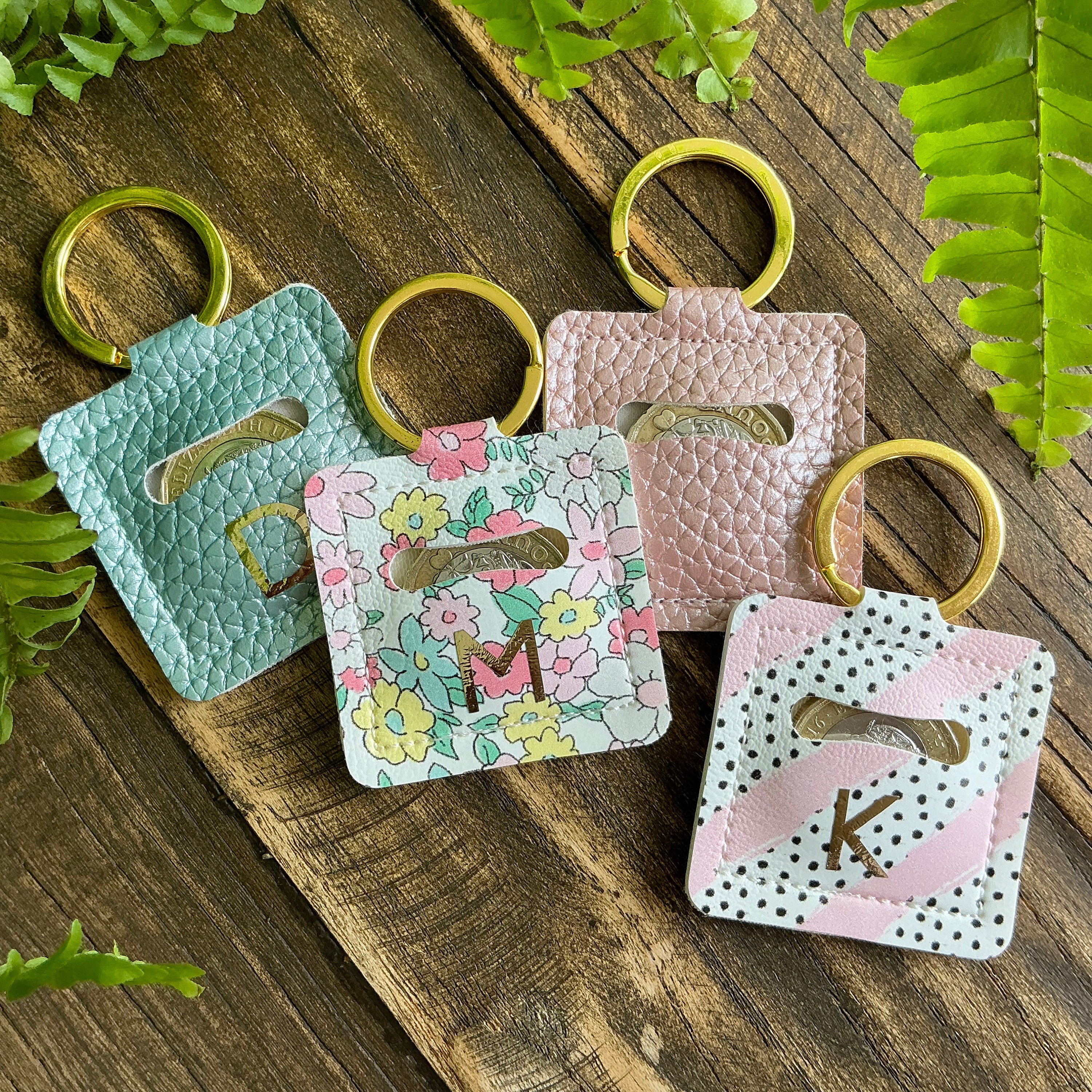 Personalised Trolley Coin Holder Any Initial Pink Floral Keyring Custom ...