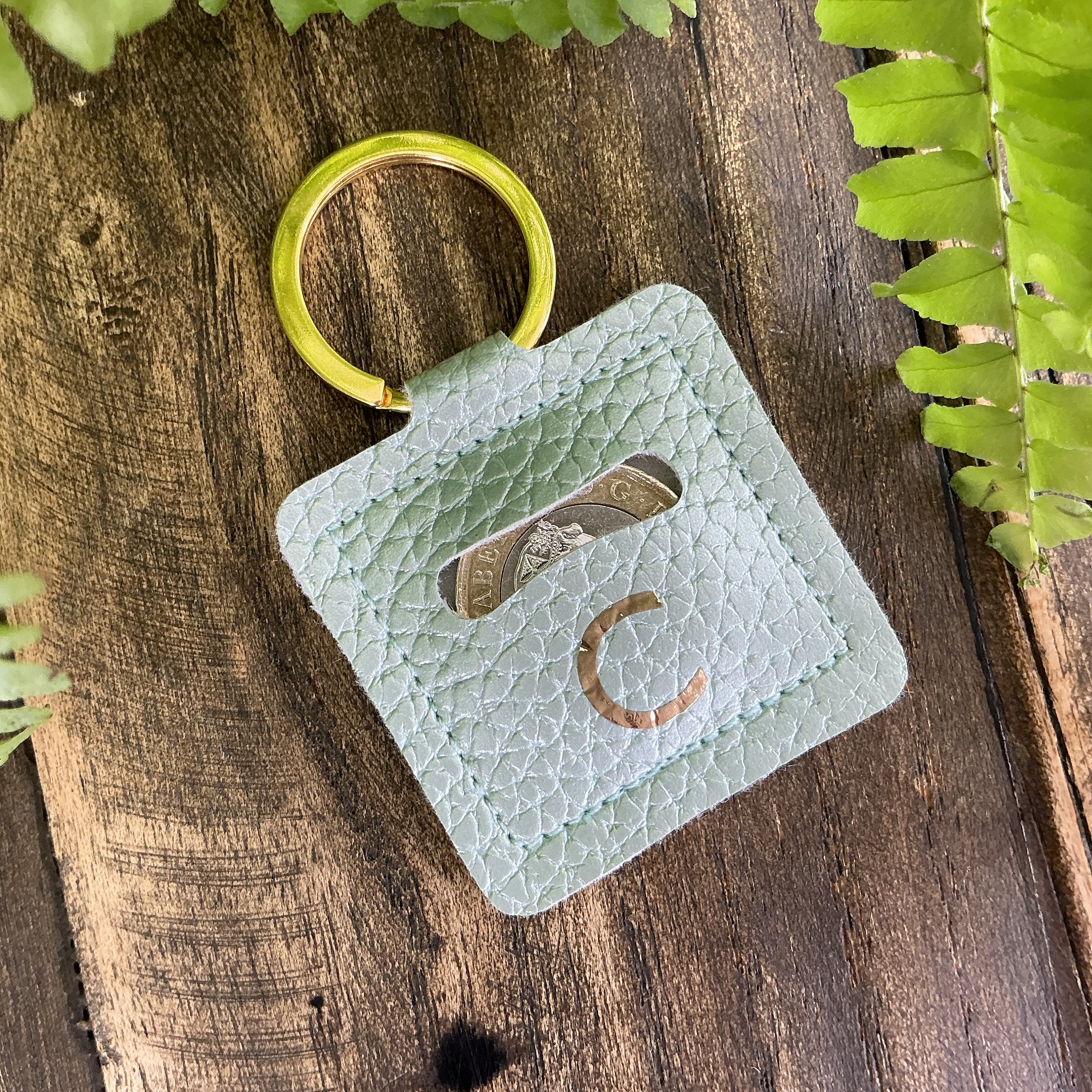 Personalised Trolley Coin Holder Metallic Green Keyring Custom Initial ...