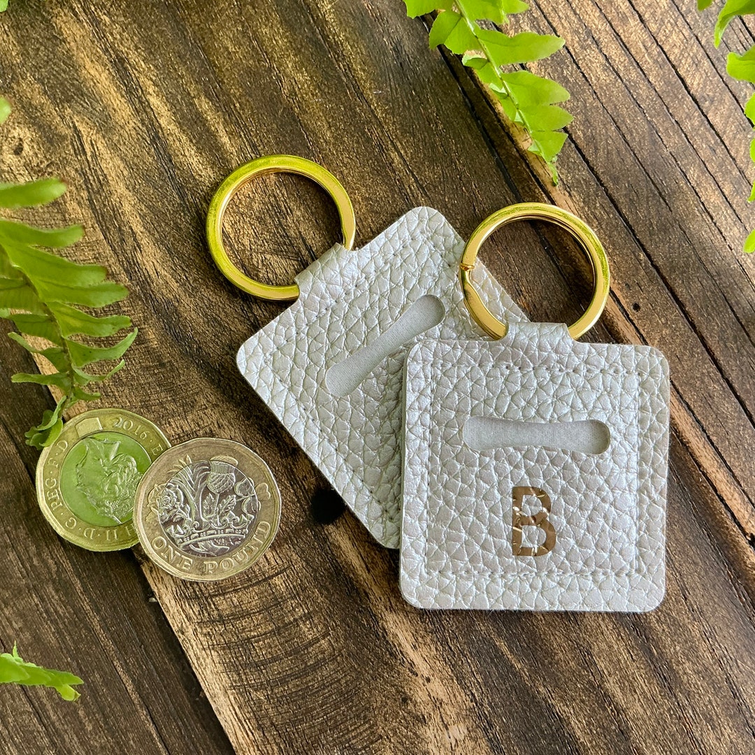 Personalised Trolley Coin Holder Metallic Ivory Keyring Custom Initial ...