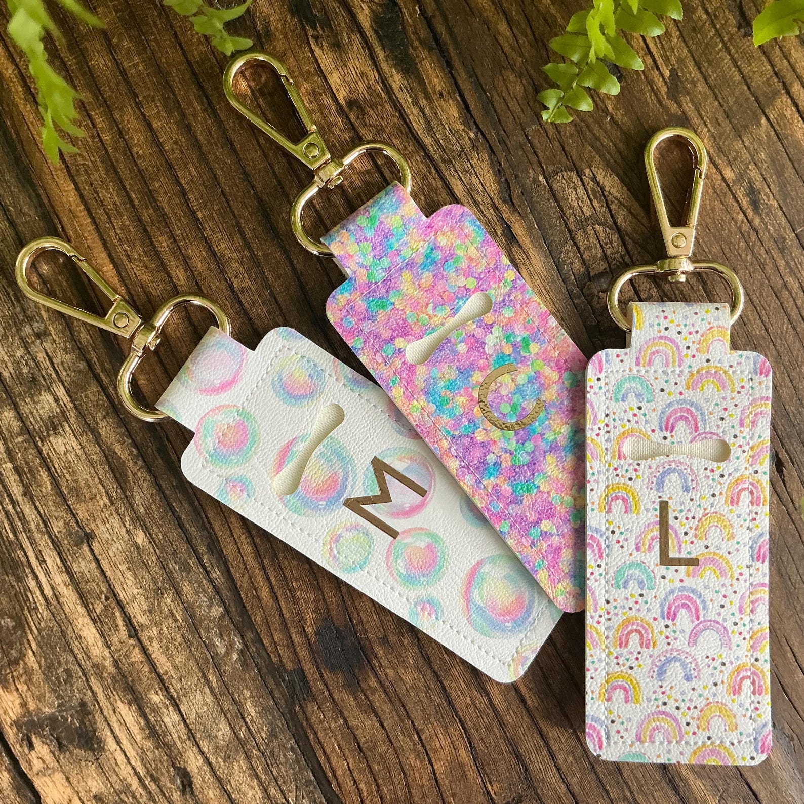 Personalised Lip Balm Holder Gold Initial Rainbow Chapstick Keychain ...