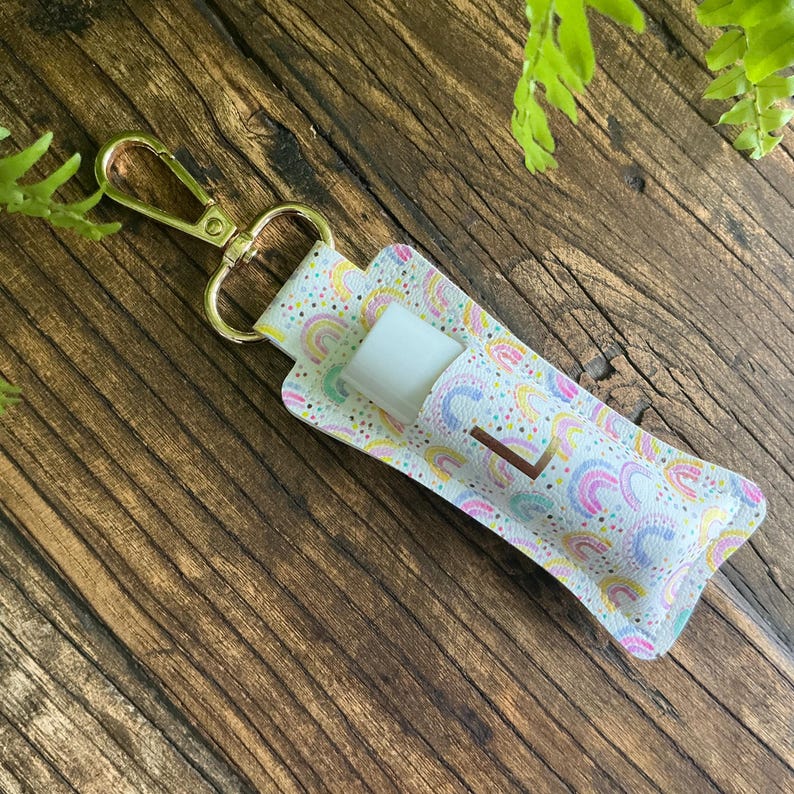 Personalised Lip Balm Holder Gold Initial Rainbow Chapstick Keychain ...
