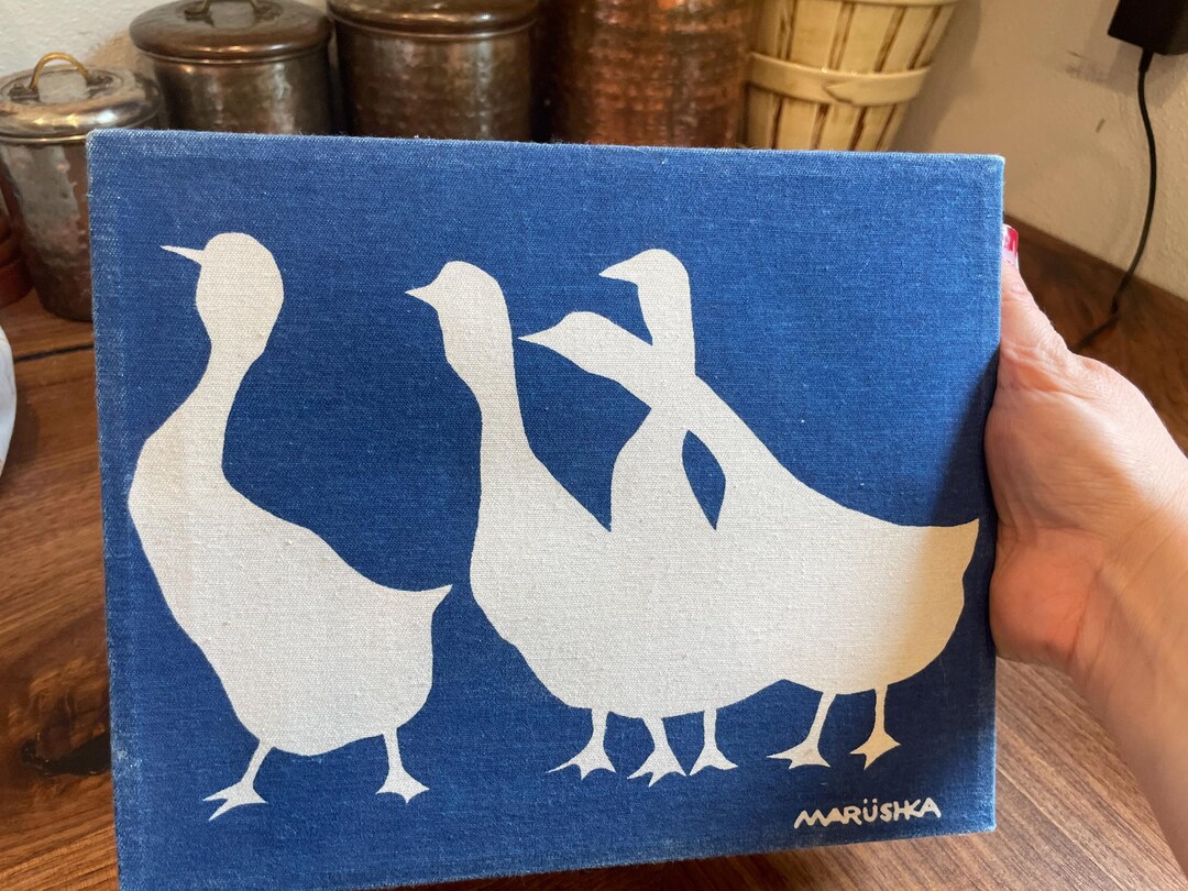 Vintage Farm Art. 1970's Marushka Goose Art. Blue and White. Stretched ...