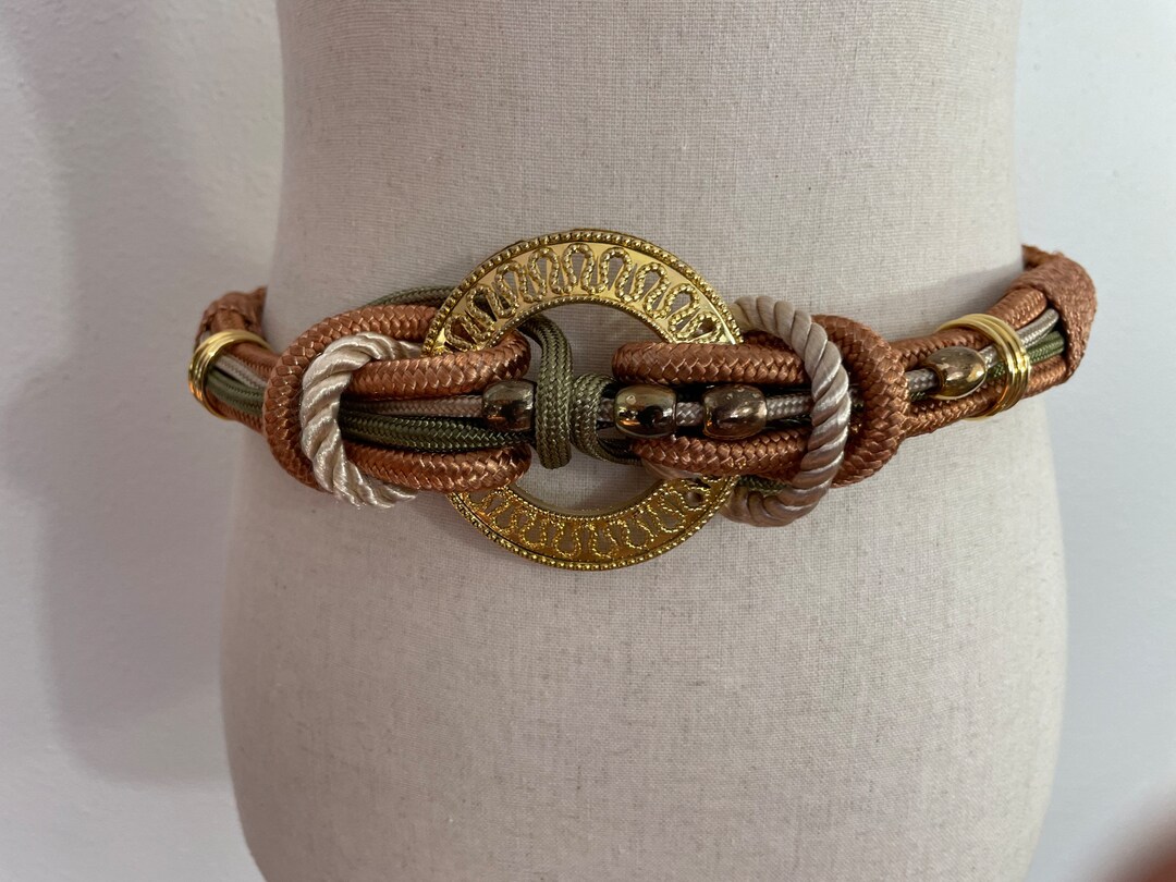 80s Cream, Green, Orange and Brass Waist Belt. Wide Cinching Waist Belt ...