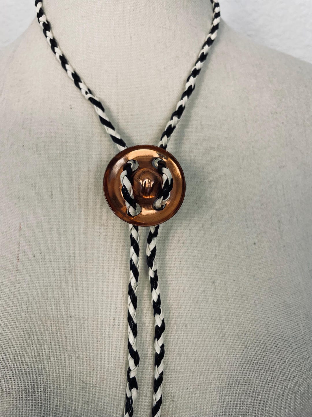Vintage Black and White Braided Bolo Tie or Lariat With Copper Cowboy ...