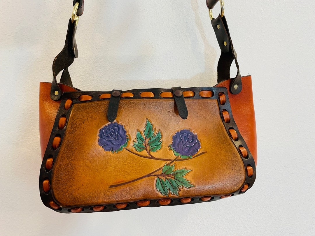 Tooled Leather Purse With Purple Roses. Gorgeous Mid Size Purse With ...
