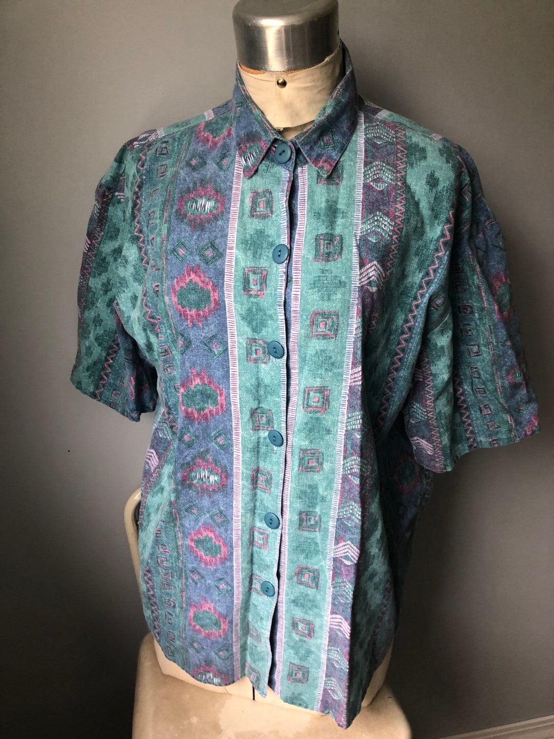 Vintage Sz L 1980s Women's Blouse. Southwestern. Green Blue. Purple ...