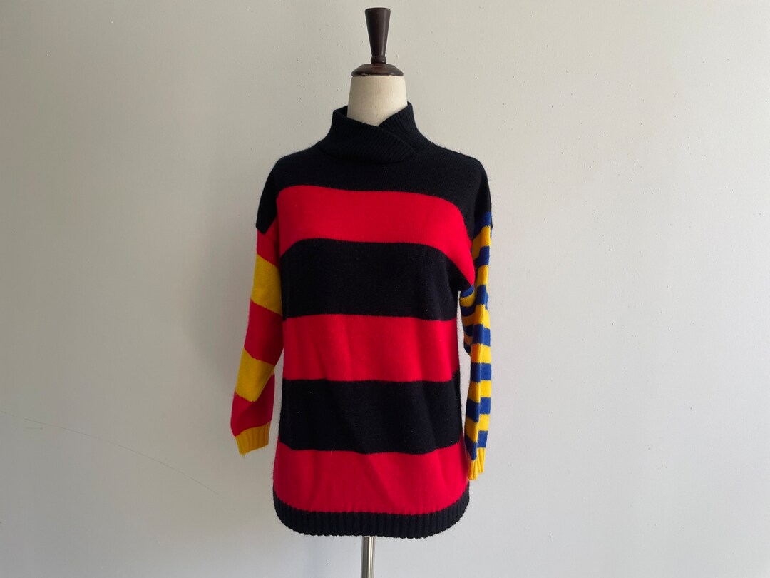 Soft 1980s Striped Primary Colors Sweater. Black and Red and Yellow ...