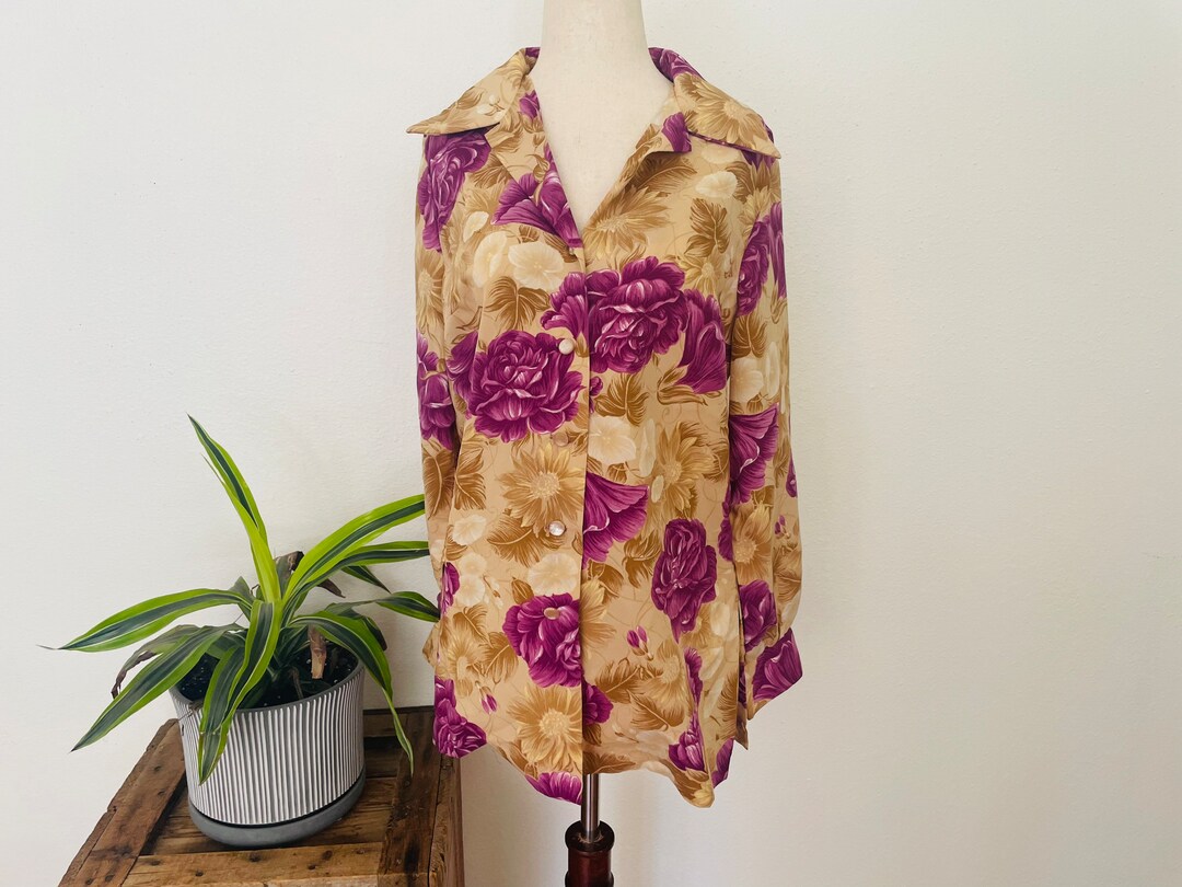 1970s Beige and Purple Floral Blouse. Polyester. Groovy Graphics ...