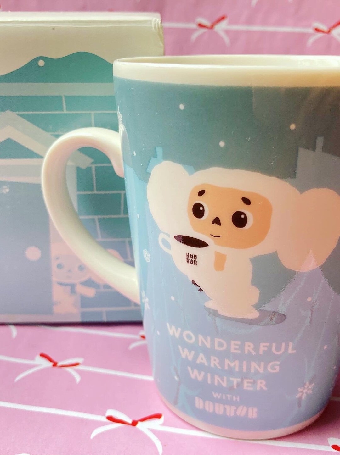 Kawaii Cheburashka Wonderful Warming Winter White Monkey Blue Ceramic ...