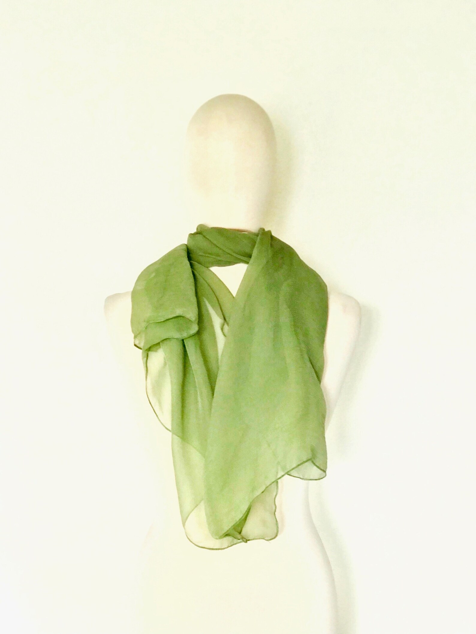 Green Silk Scarf, Silk Chiffon, Green Scarf, Pleated Scarf, Chiffon ...
