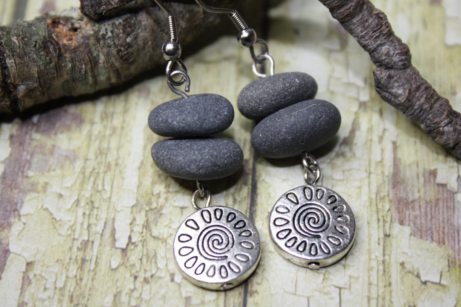 Lake Superior Basalt Stone Earrings With Silver Spiral Beads ...