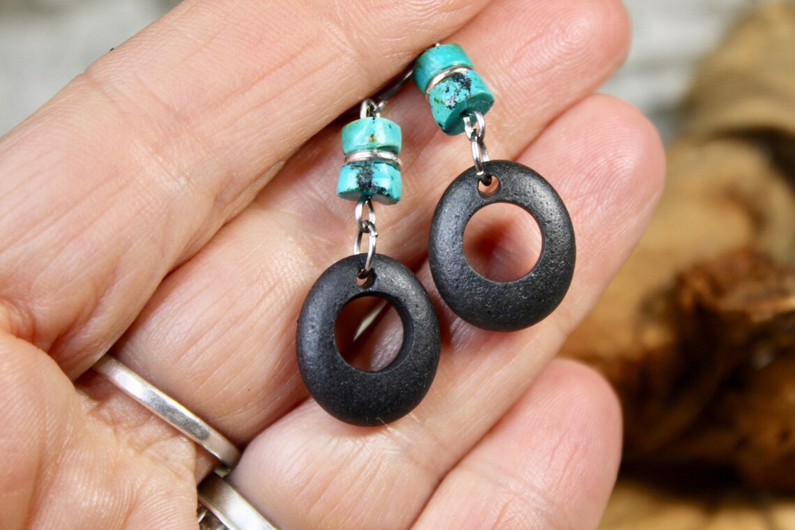 Lake Superior Basalt Stone Earrings With Turquoise, Stainless Steel - Etsy
