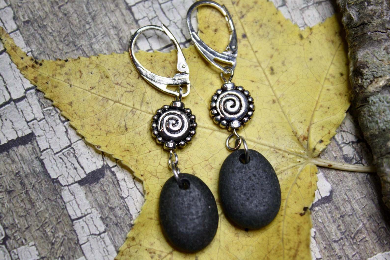 Lake Superior Basalt Stone Earrings With Silver Spiral Beads - Etsy