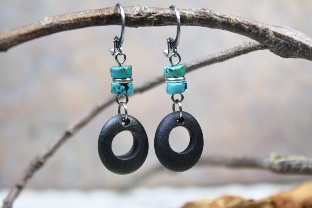 Lake Superior Basalt Stone Earrings With Turquoise Beads, Northwoods ...