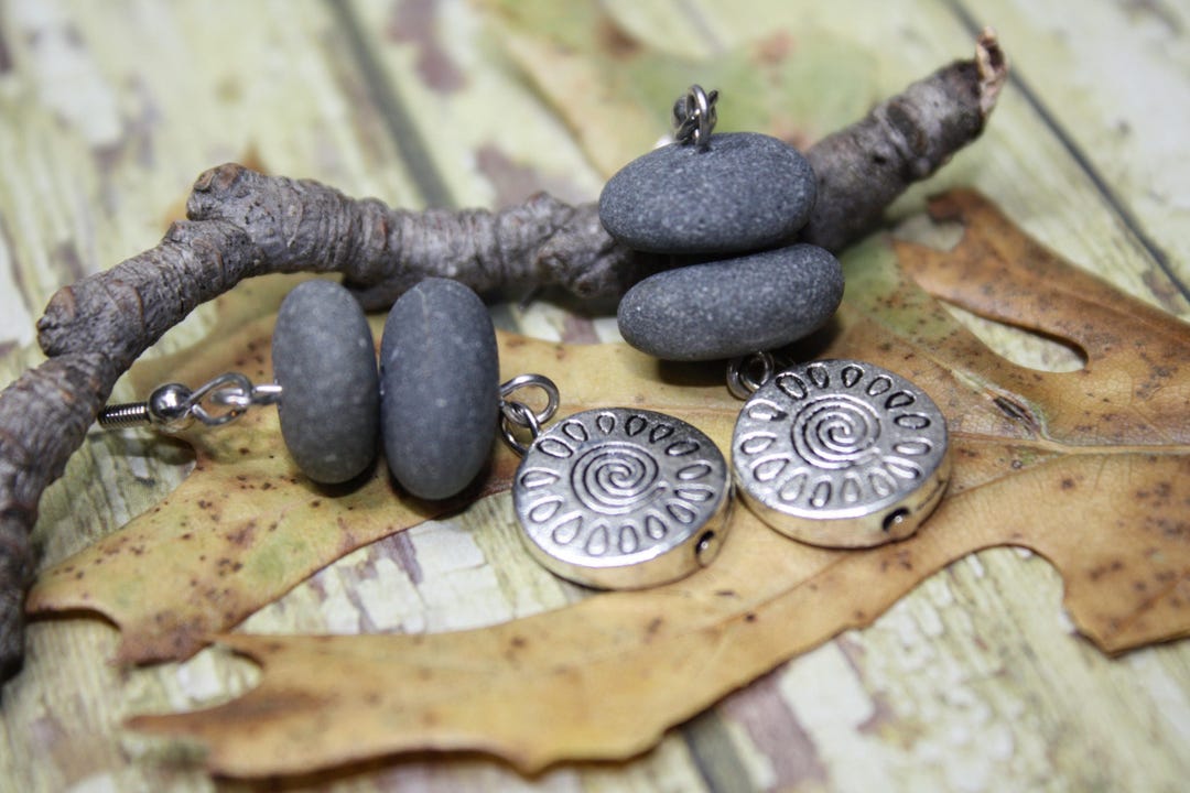 Lake Superior Basalt Stone Earrings With Silver Spiral Beads ...