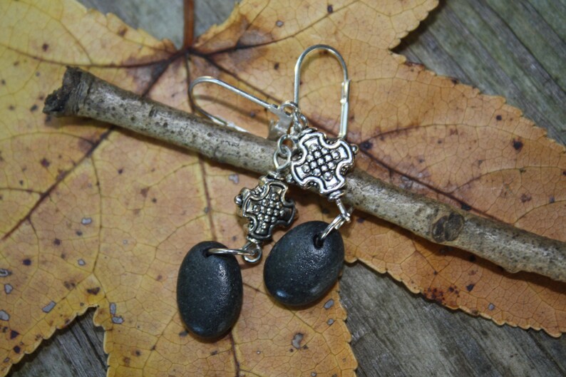 Lake Superior jewelry Basalt stone earrings with Celtic cross | Etsy