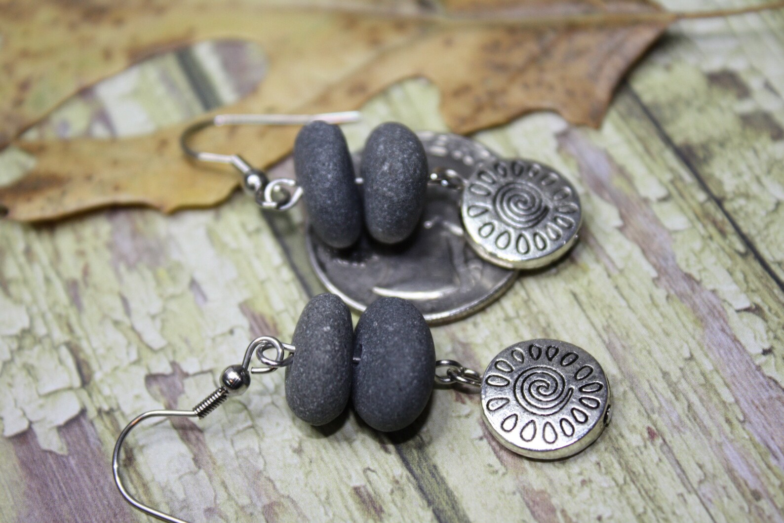 Lake Superior Basalt Stone Earrings With Silver Spiral Beads ...