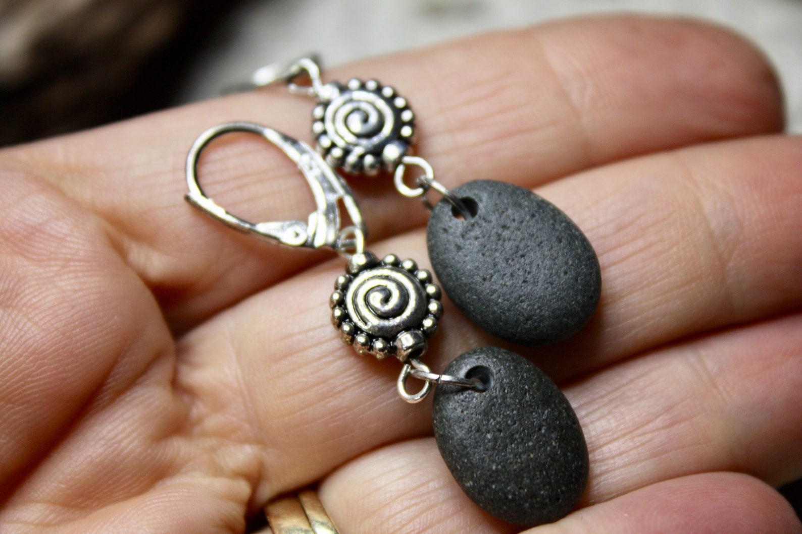 Lake Superior Basalt Stone Earrings With Silver Spiral Beads - Etsy