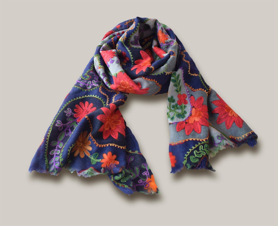 Navy Blue Fine Wool Shawl With Hand-embroidered Floral and Paisley ...