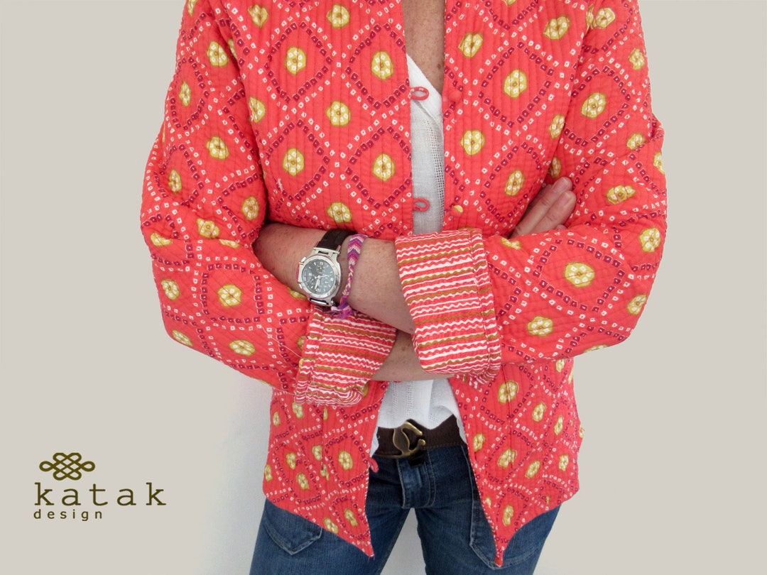 Red Quilted Reversible Jacket for Women, Kantha Embroidered Indian ...
