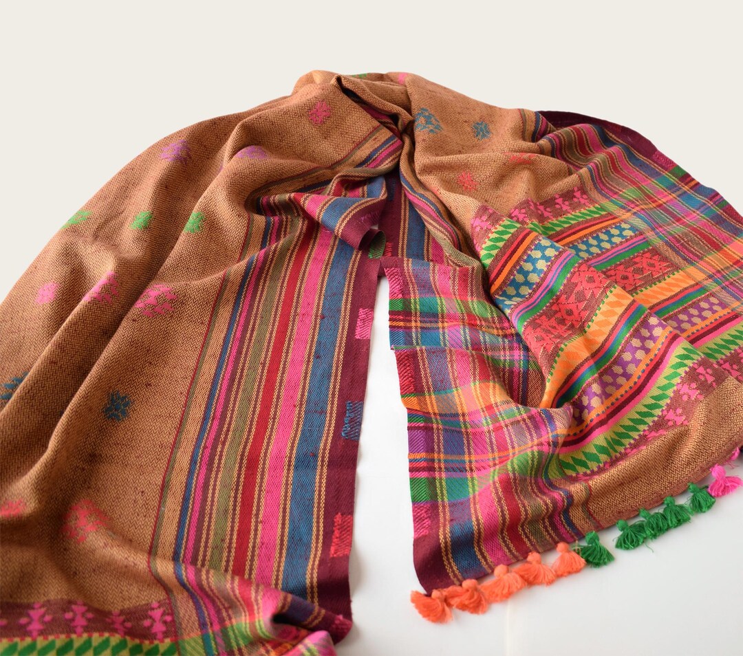 Bohemian Ethnic Design Wool Woven Scarf With Vibrant Colors and Tassels ...