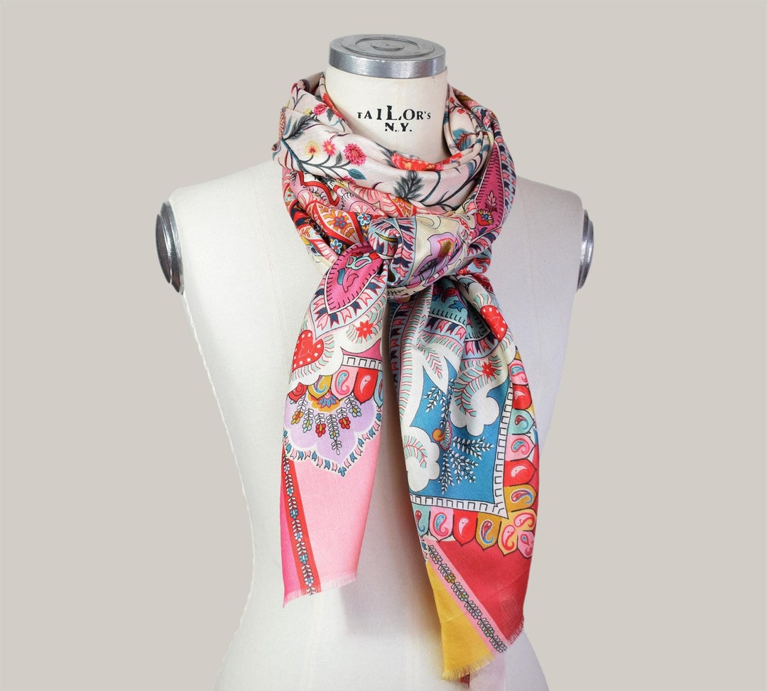 Stylish Pure Silk Scarf for Women With Colorful Prints Inspired by ...