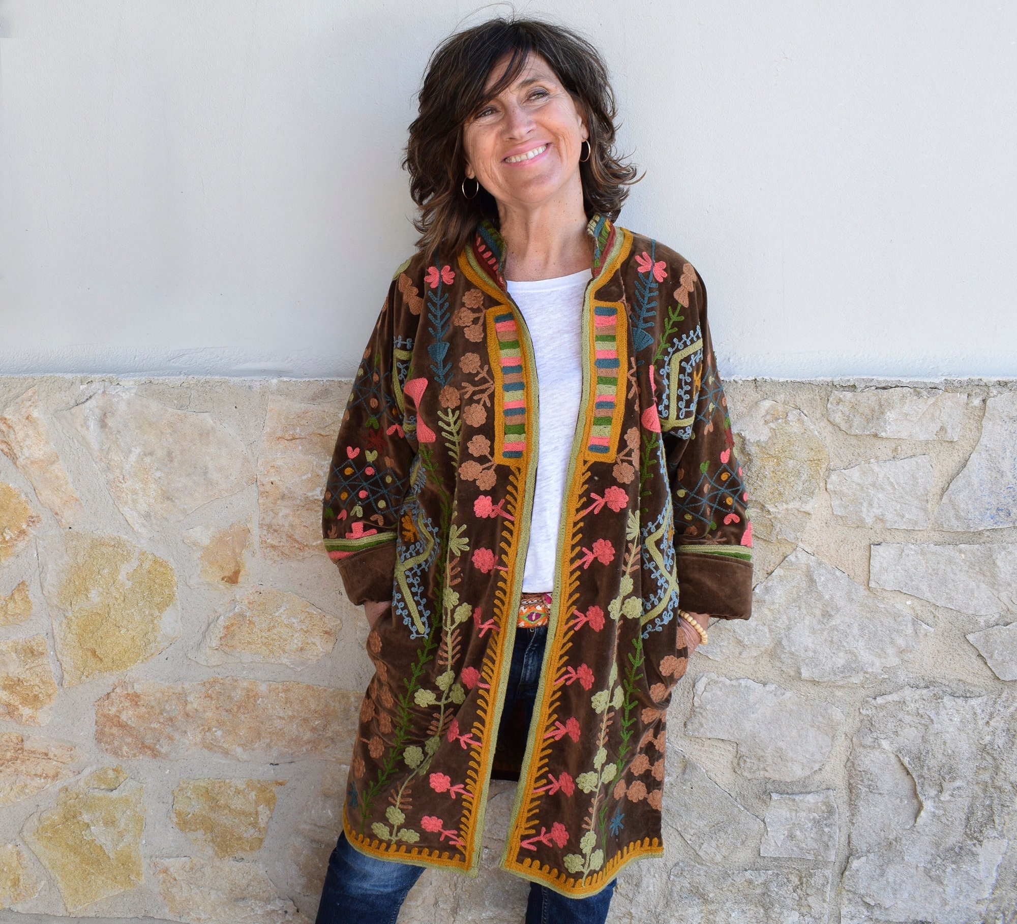 Velvet Suzani Coat With Colorful Geometric Embroidery Velvet Suzani Coat With Colorful Geometric Embroidery