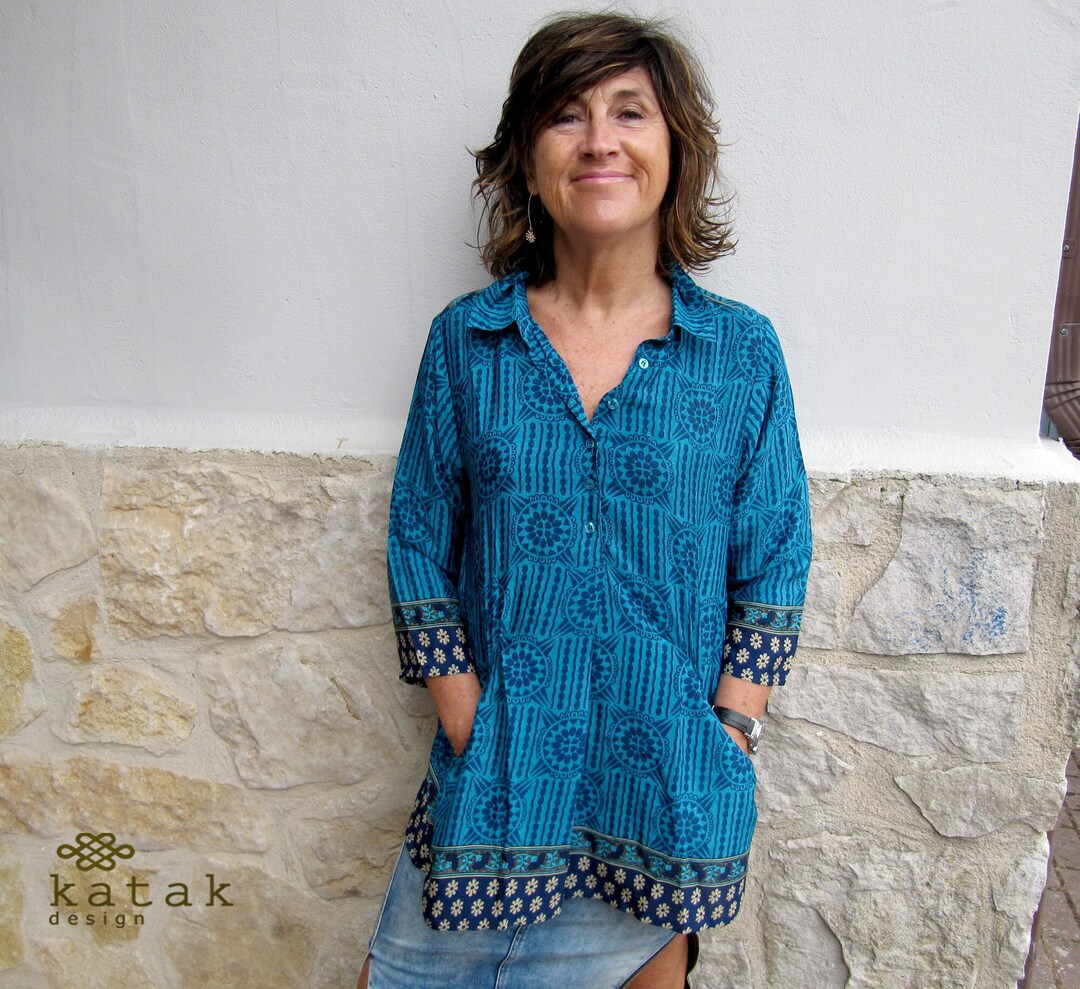 Women Tunic Top Crepe Silk Sari, Woman Summer Blouse, Silk Blouse Woman ...