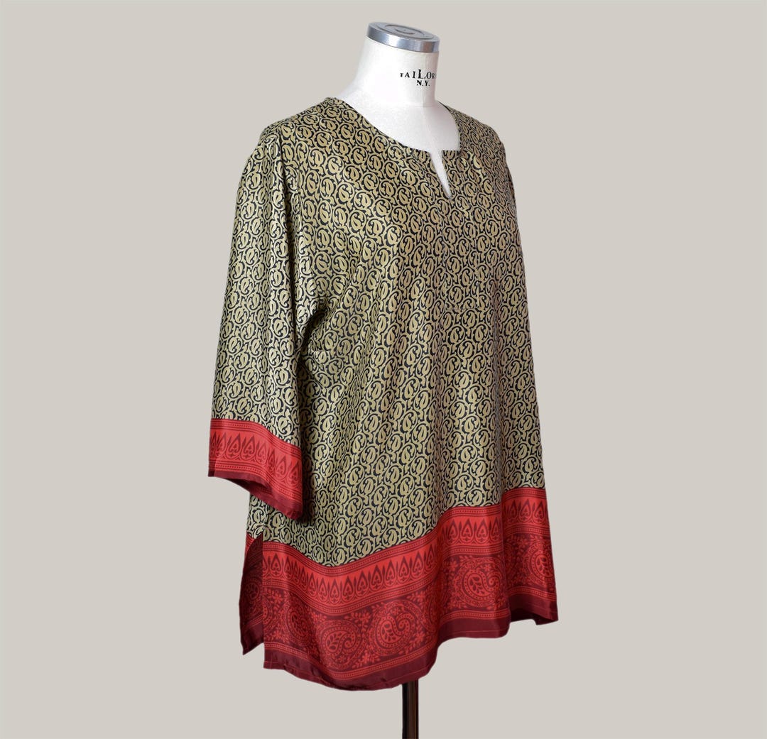 Stylish Indian Crepe Silk Tunic in Golden Brown and Red With Floral ...