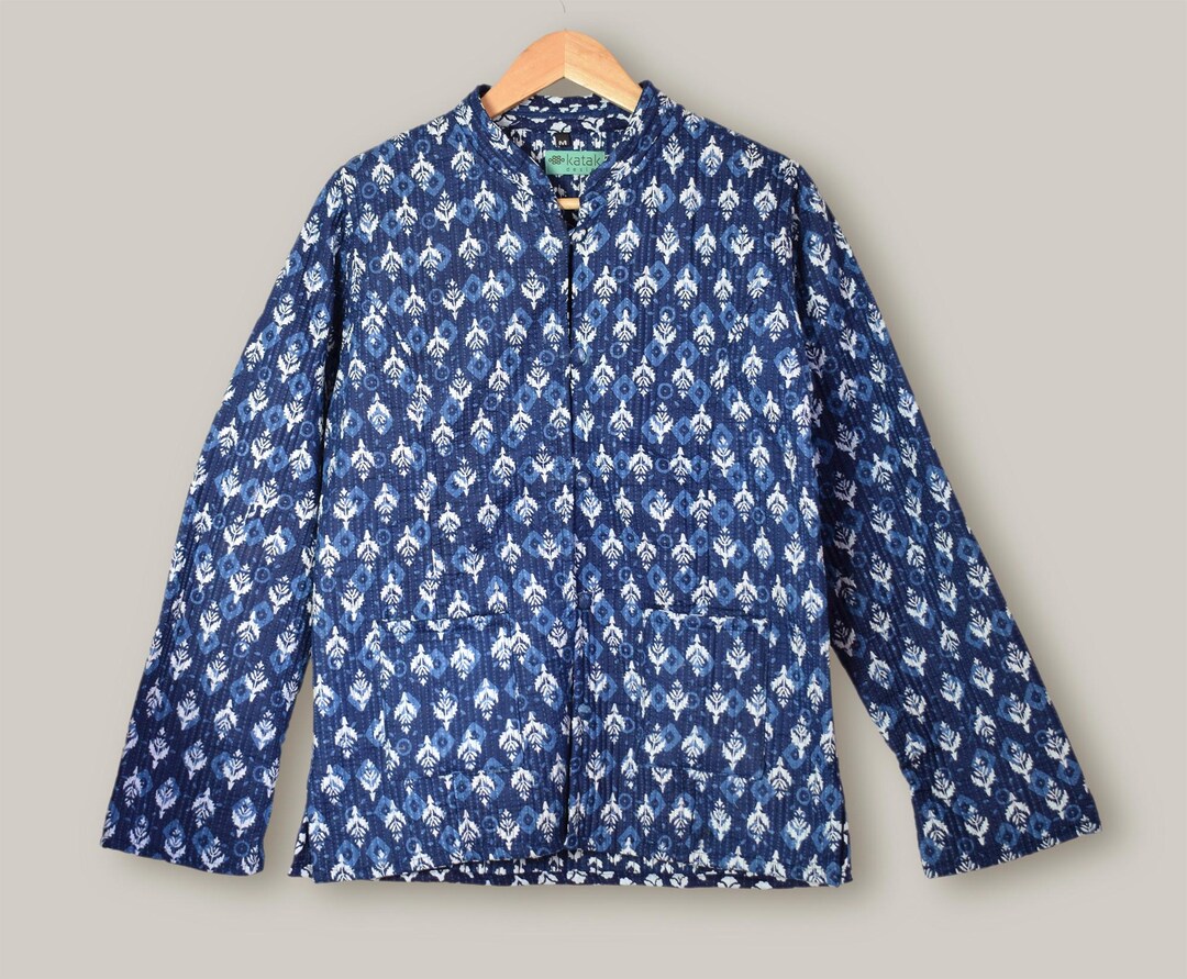Reversible and Quilted Indigo Blue Block Printed Jacket, Kantha ...