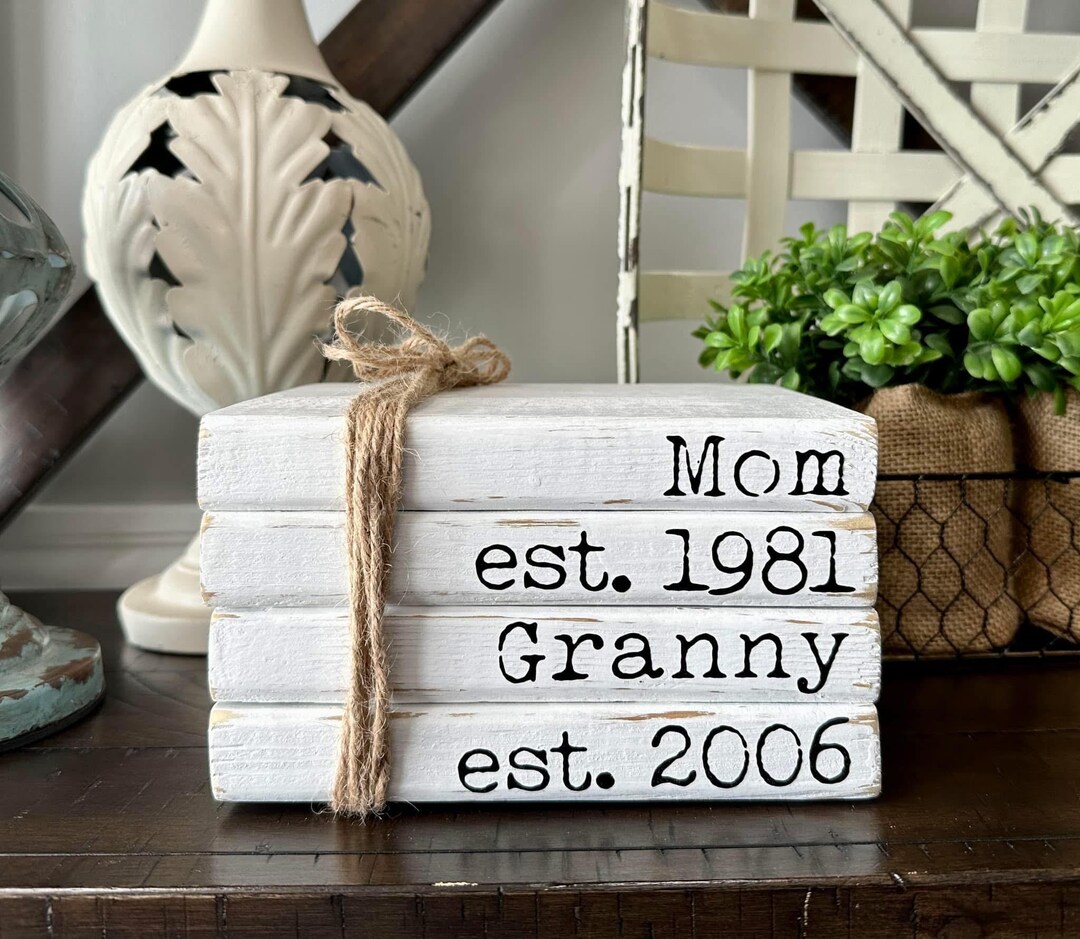 Established Mom | Custom Book Stack | Personalized Wood Decor ...