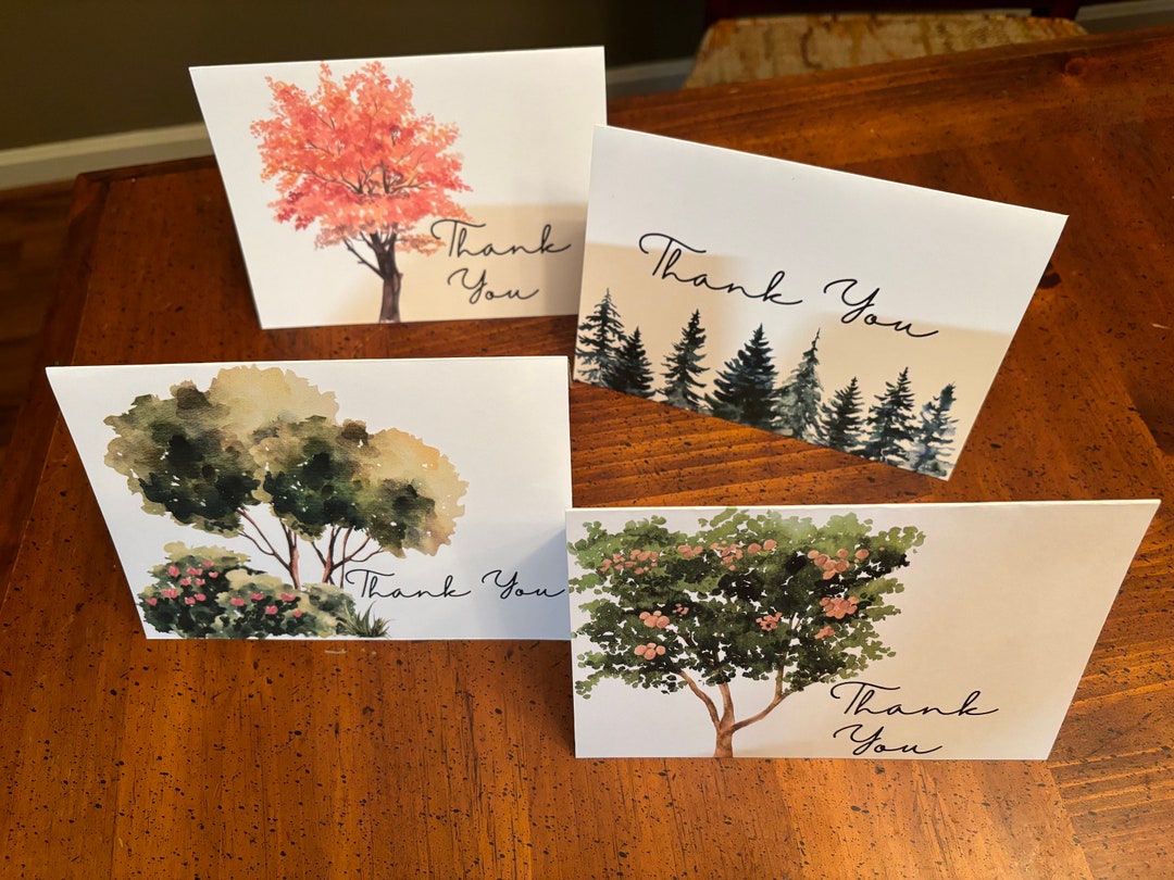 Thank You Card PRINTED Watercolor Trees Seasons Bloom 5” X 7” Blank ...
