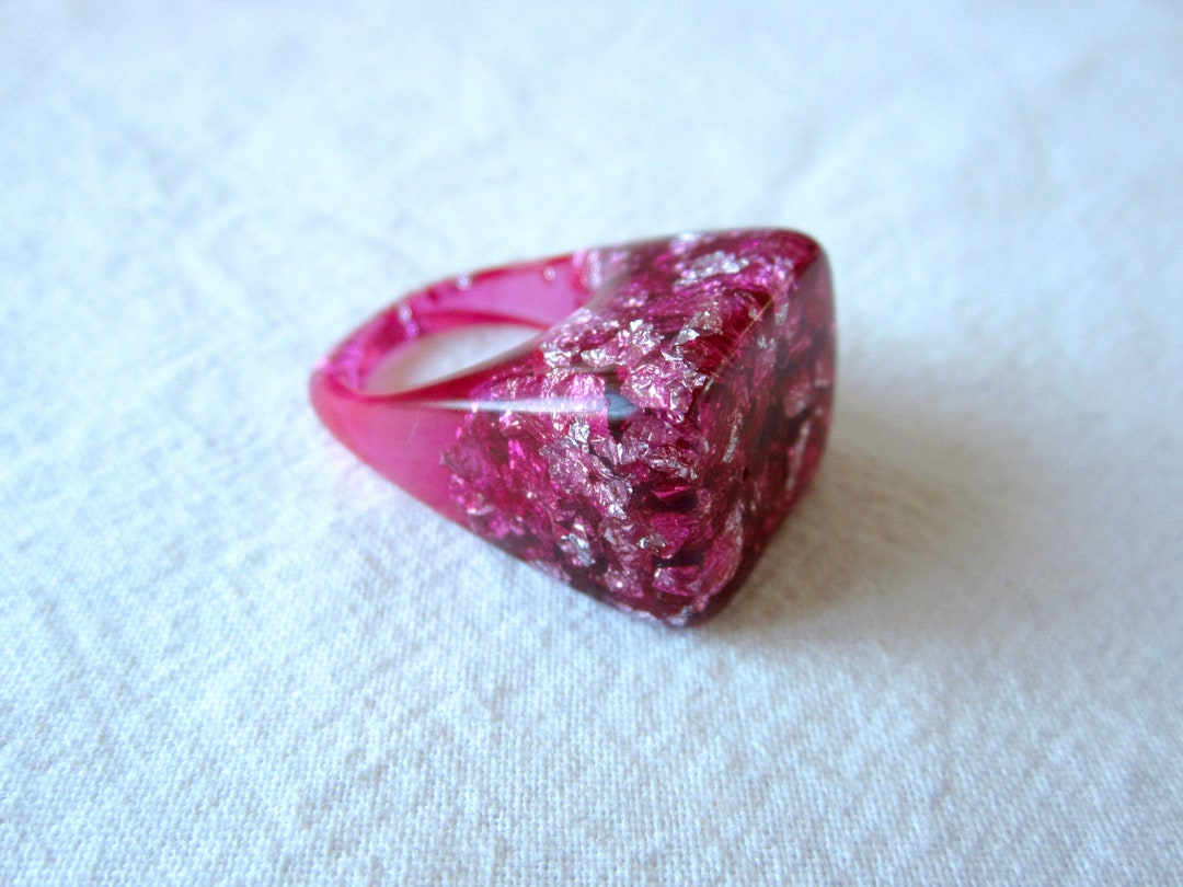 Pink Resin Ring, Rectangle, Tall Statement Ring, Silver Leaf, Bright ...