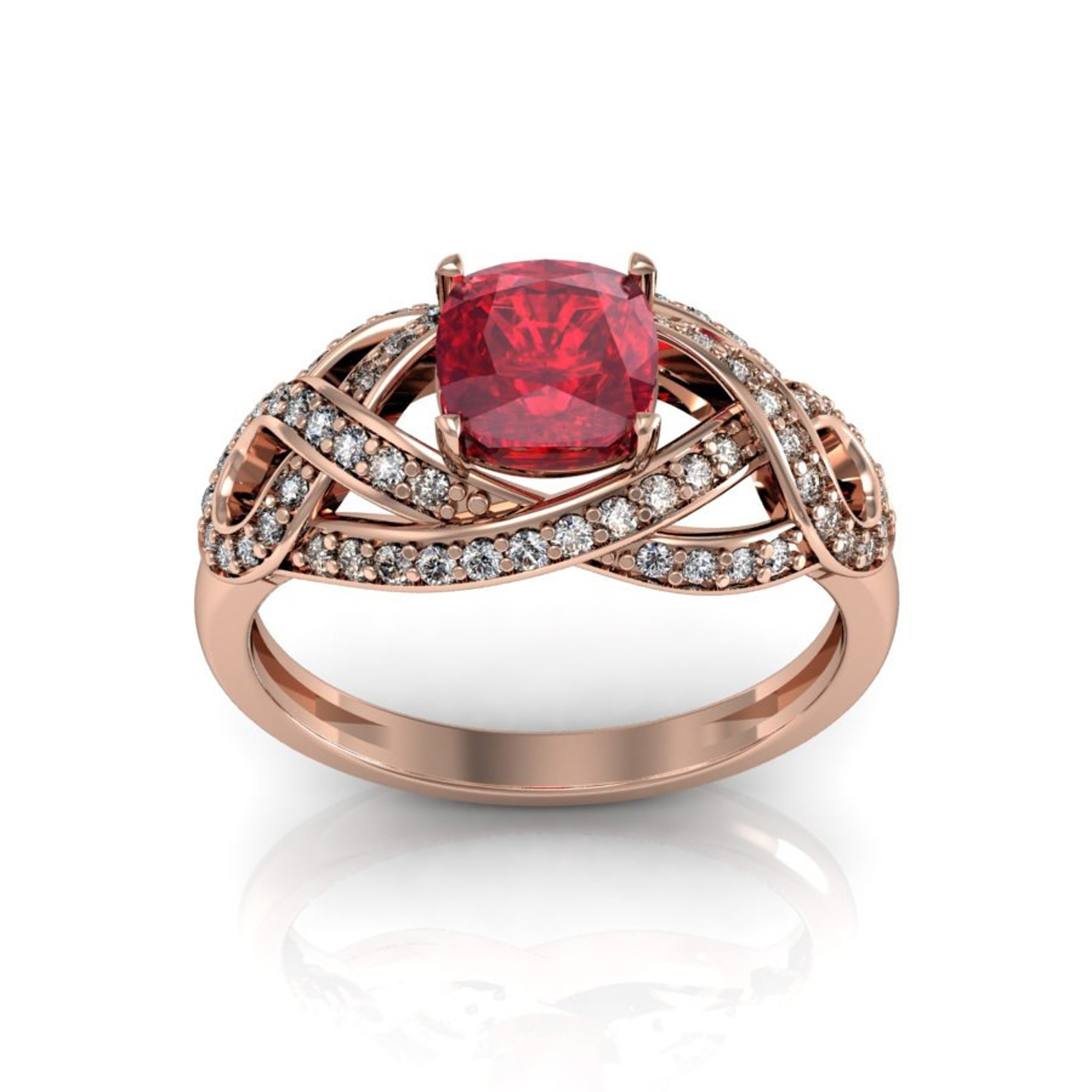 14k Rose Gold Classic Engagement or Wedding Ring With Diamond and Ruby ...