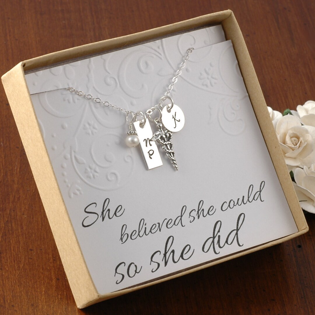 NP Nurse Practitioner Necklace - Sterling Silver Initial Charm, Pearl ...