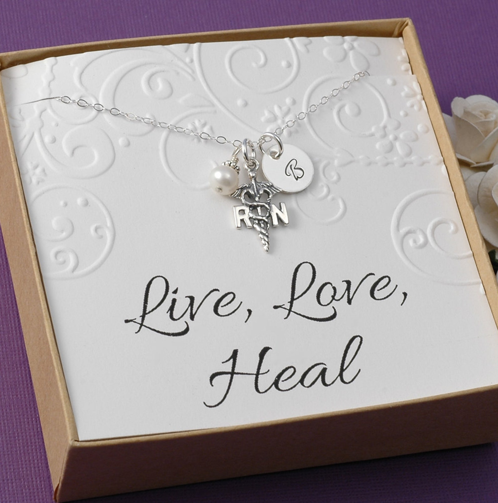 RN Registered Nurse Necklace - Initial Charm and Pearl - Sterling ...