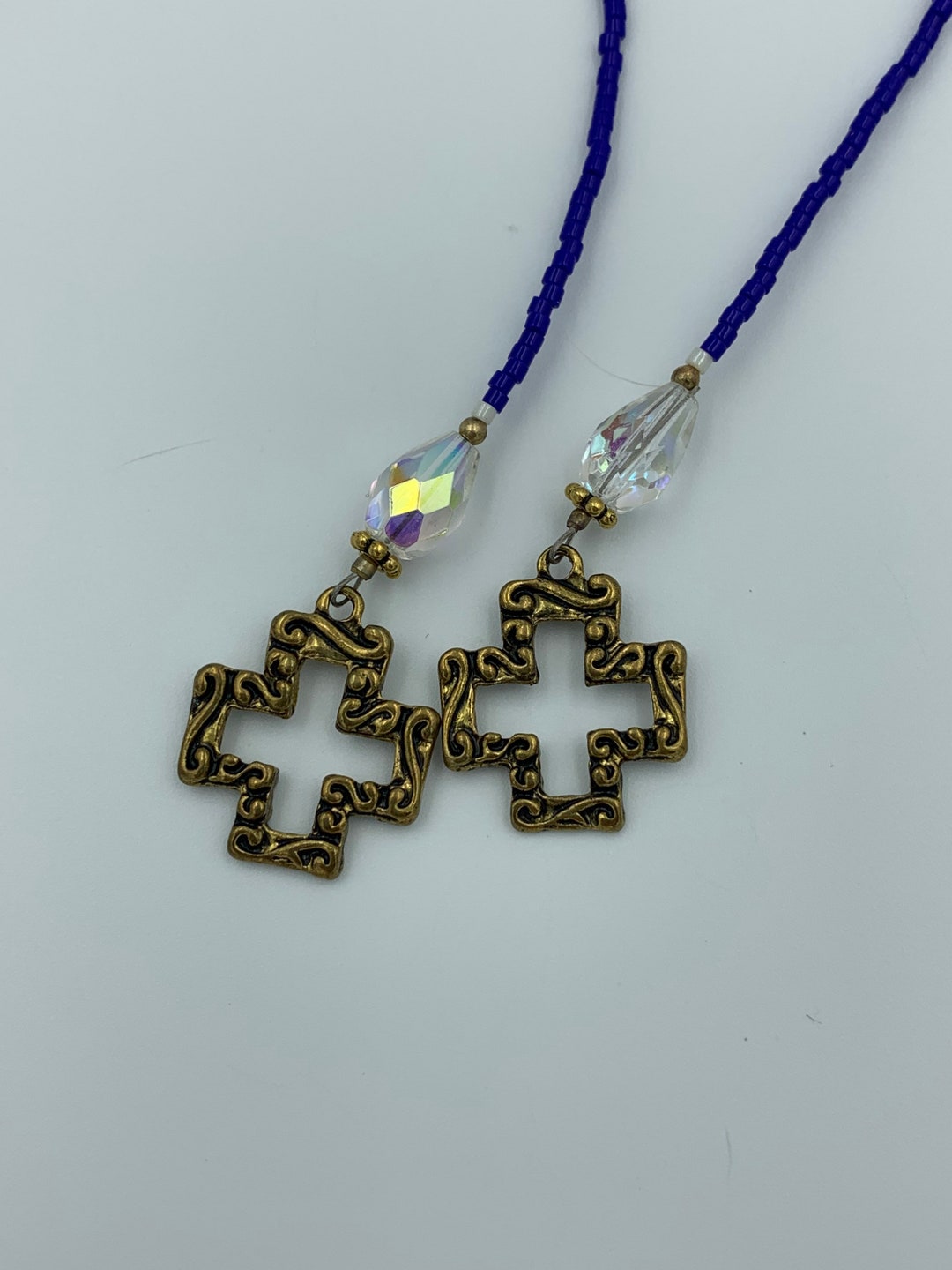 Dark Blue Delica Seed Bead and Cross Charm 15 Inch Book Thong Bookmark ...