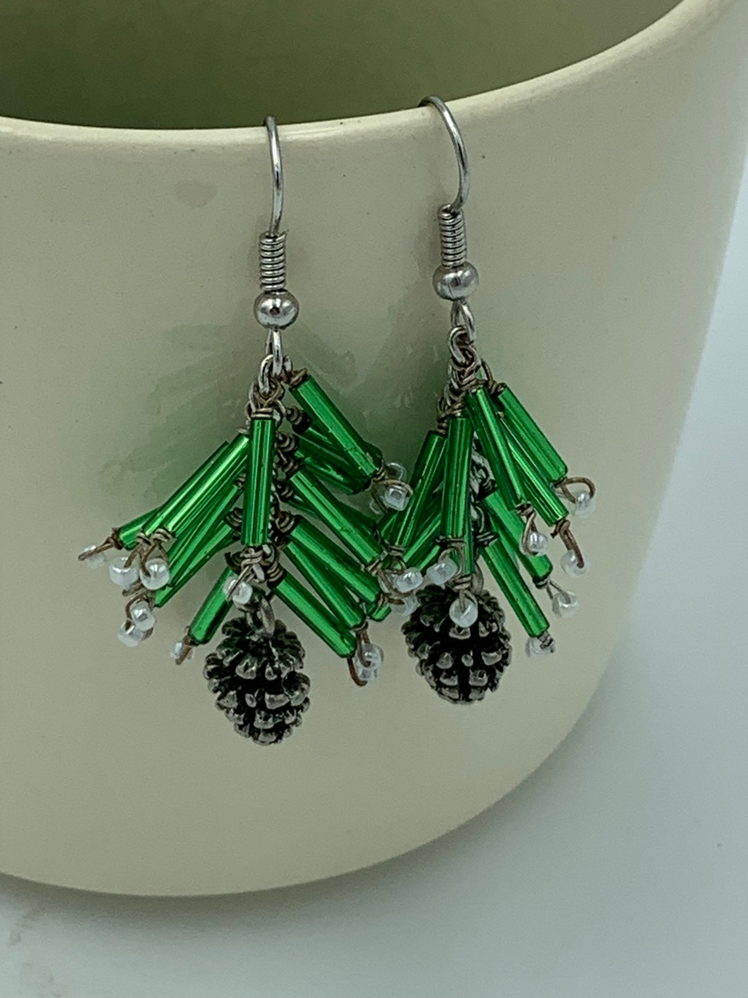 Beaded Pine Branch and Pinecone Charm Earrings - Etsy