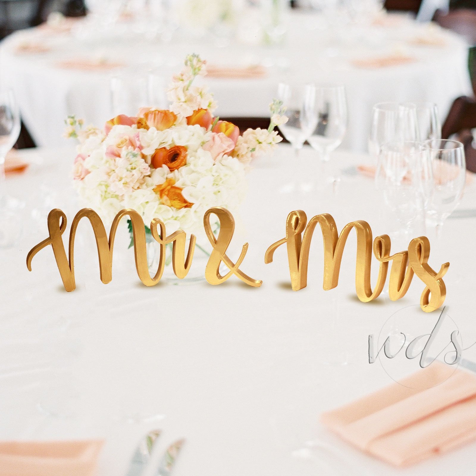 Mr and Mrs Sign, 5in. Gold Metallic Vintage Script Sweetheart Table ...