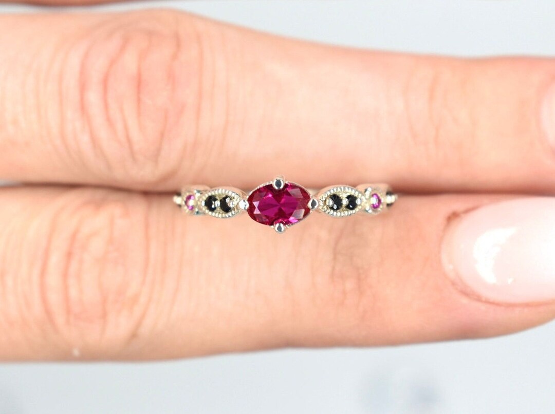 The Scarlet Sunburst - Red Ruby Oval Gemstone on Half Eternity Accented ...