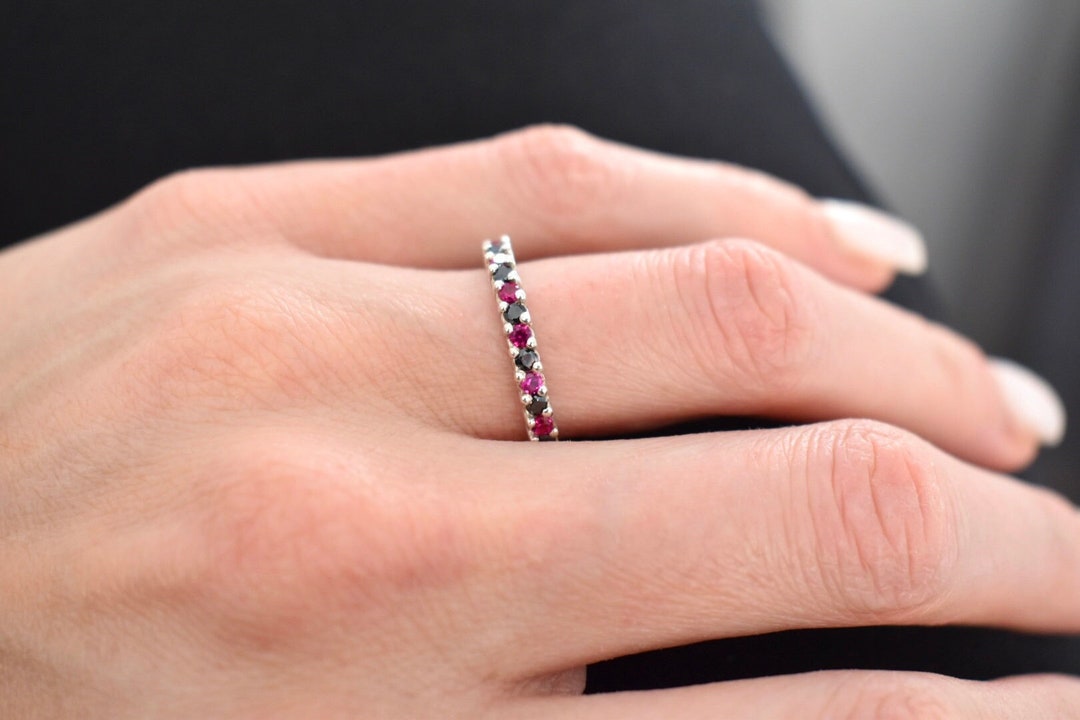 Vibrant Rhapsody: Fuchsia & Black Gemstone Half Eternity Stacking Ring ...