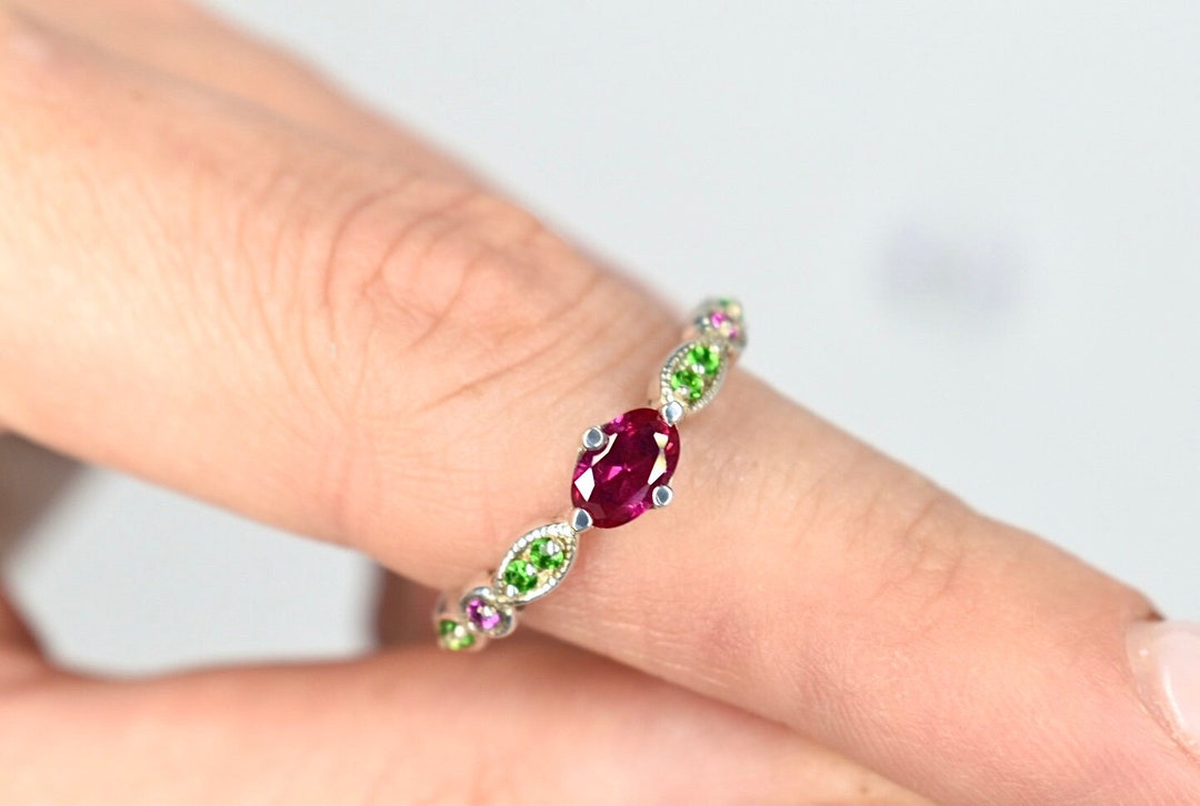 Fuchsia Pink Cubic Zirconia Oval Gemstone Ring - Floral Half Eternity ...